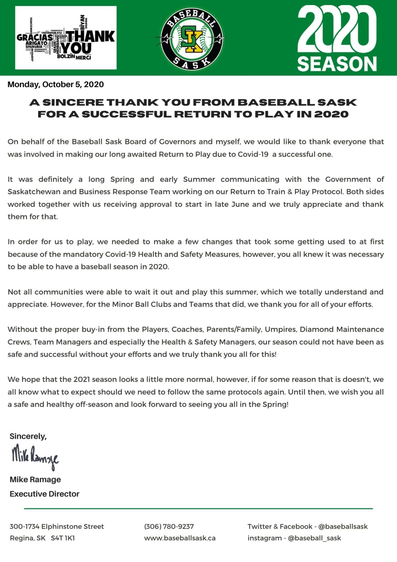 Baseball Sask » Thank You from Baseball Sask